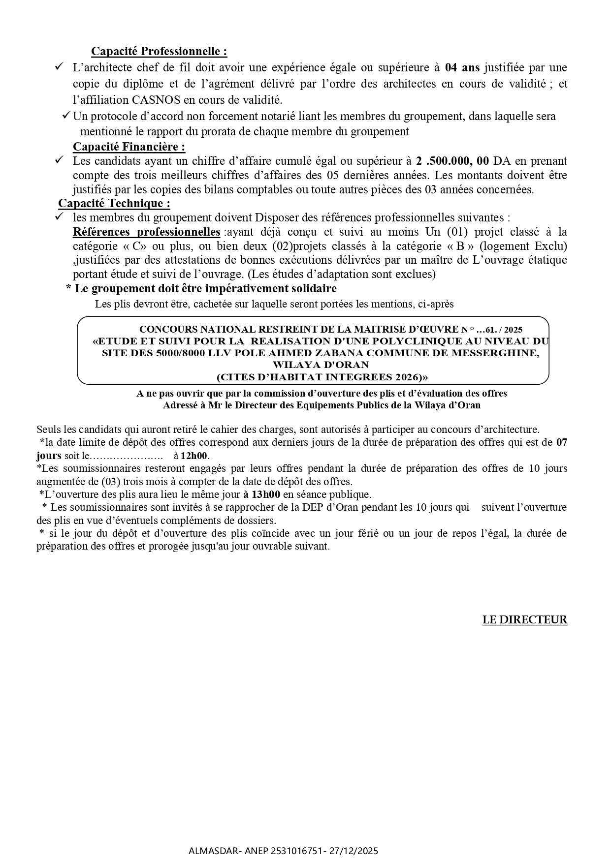 المصدر - CONCOURS NATIONAL RESTREINT DE LA MAITRISE D’ŒUVRE N° 61 /2025